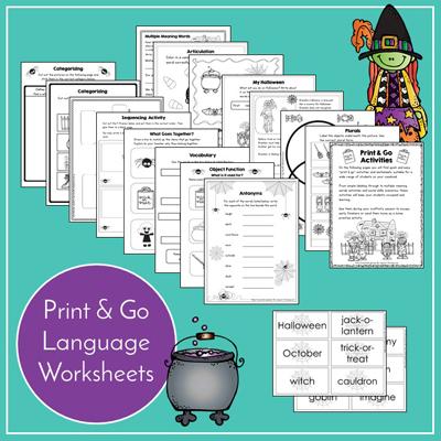 Print & Go Language Activity Worksheets for Halloween - Teaching Talking